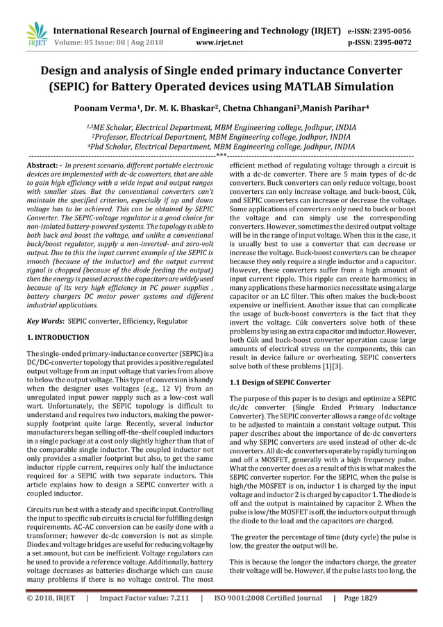 IRJET- Design and Analysis of Single Ended Primary Inductance Converter (SEPIC) for Battery ...