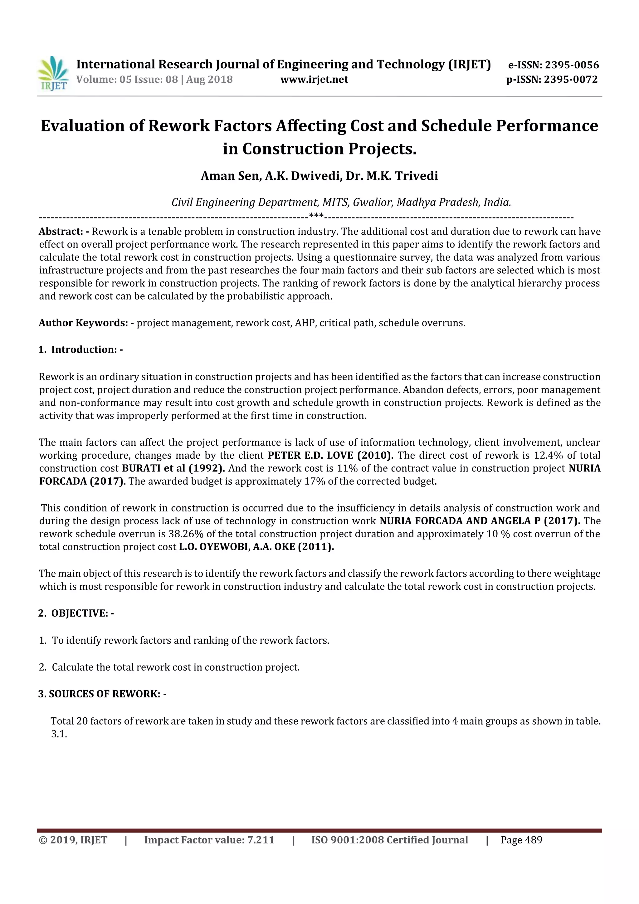 IRJET- Evaluation of Rework Factors Affecting Cost and Schedule ...
