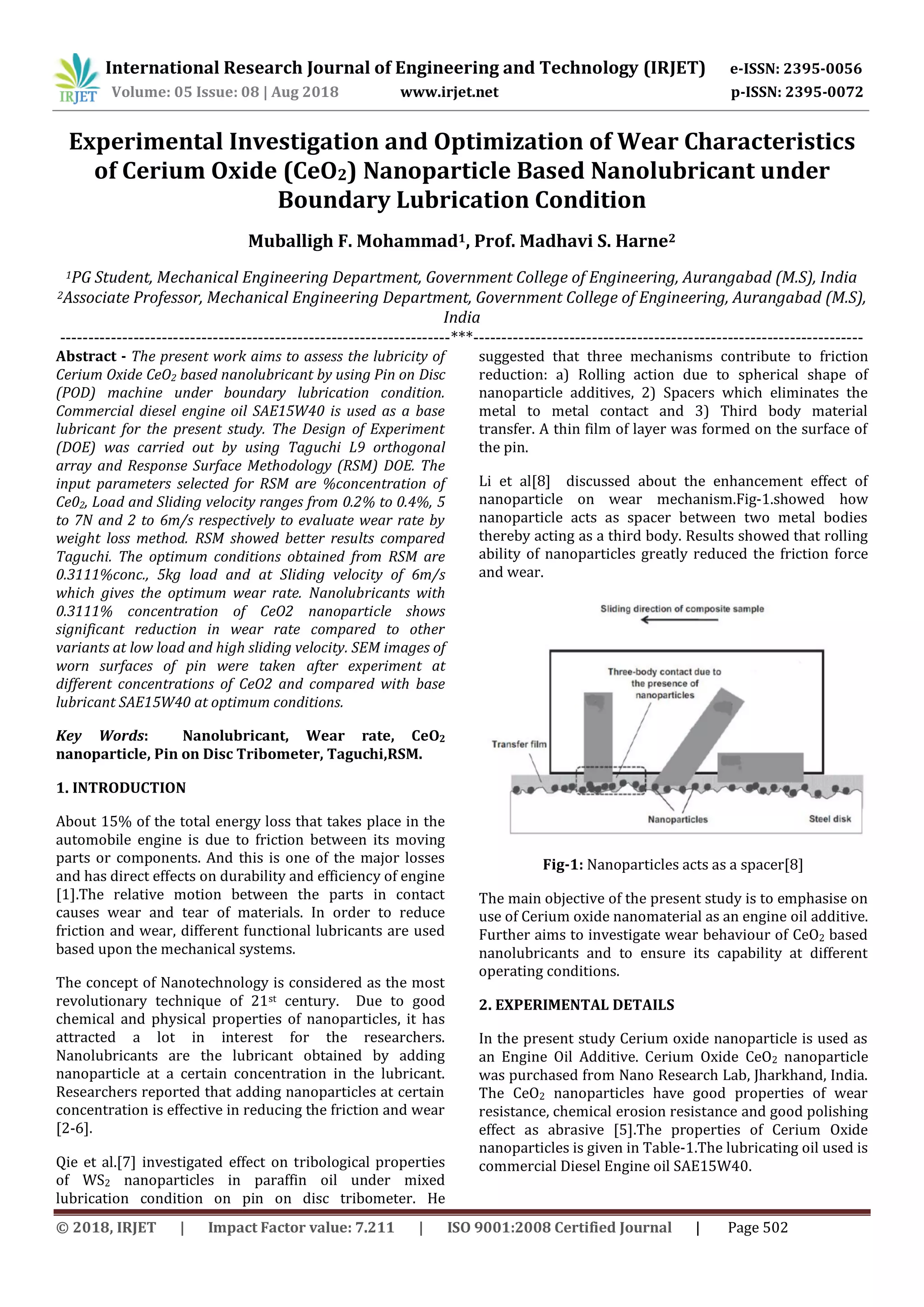 IRJET- Experimental Investigation and Optimization of Wear ...