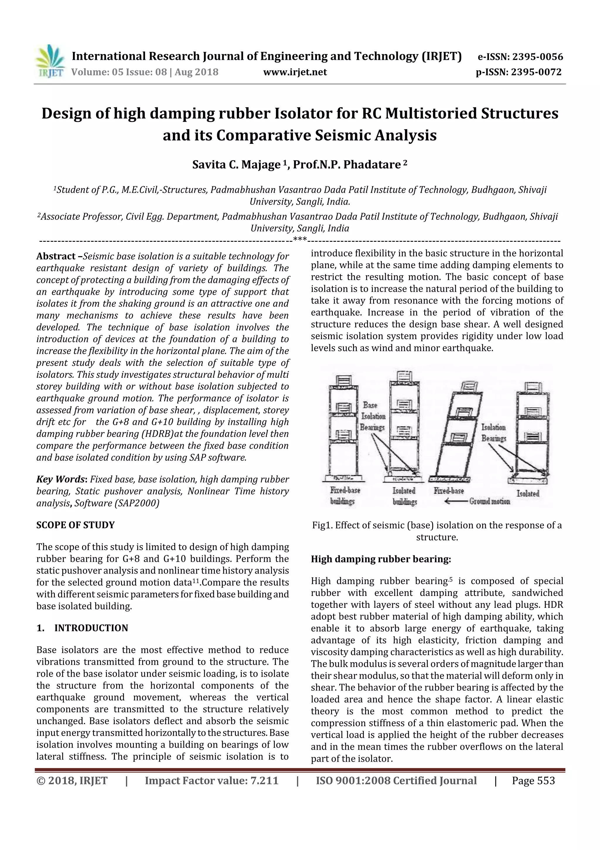 IRJET- Design of High Damping Rubber Isolator for RC Multistoried Structures and its Comparative ...