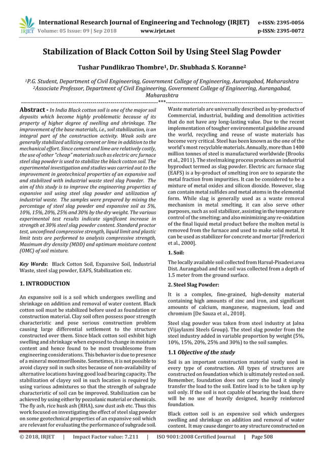 STABILIZATION OF BLACK COTTON SOIL BY USING STEEL SLAG POWDER | PDF