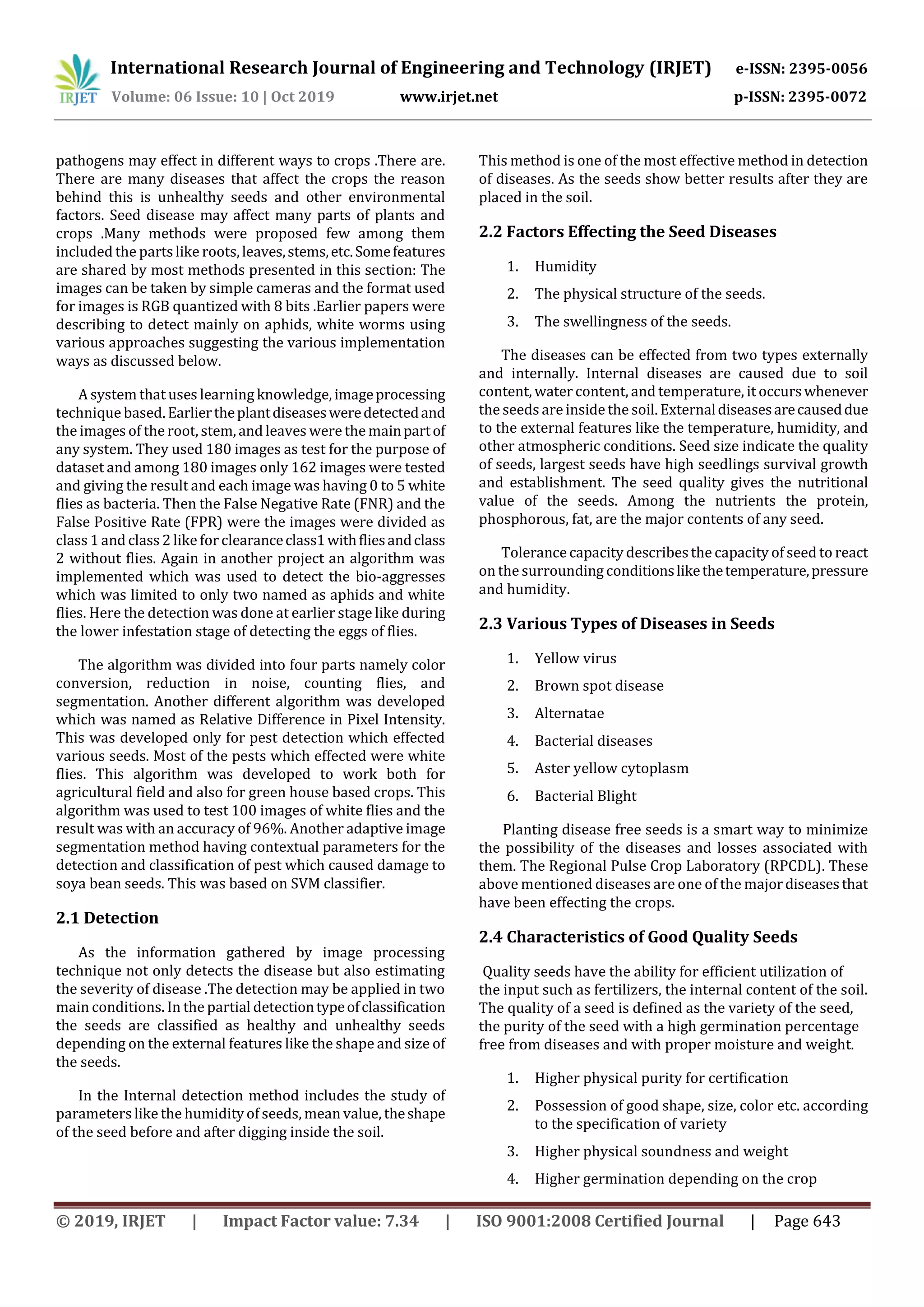 IRJET- Agricultural Seed Disease Detection using Image Processing Technique | PDF