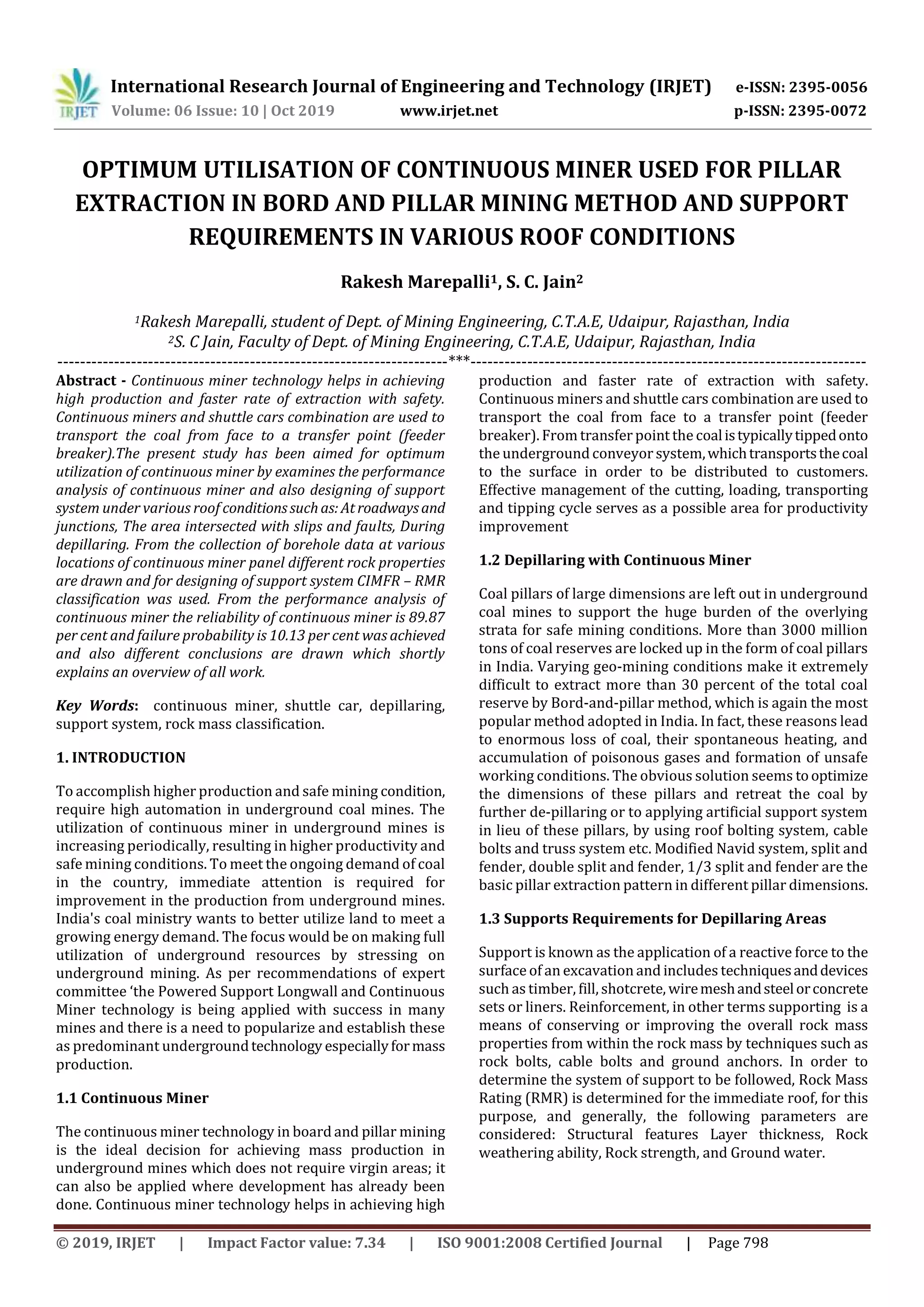 IRJET- Optimum Utilisation of Continuous Miner used for Pillar ...