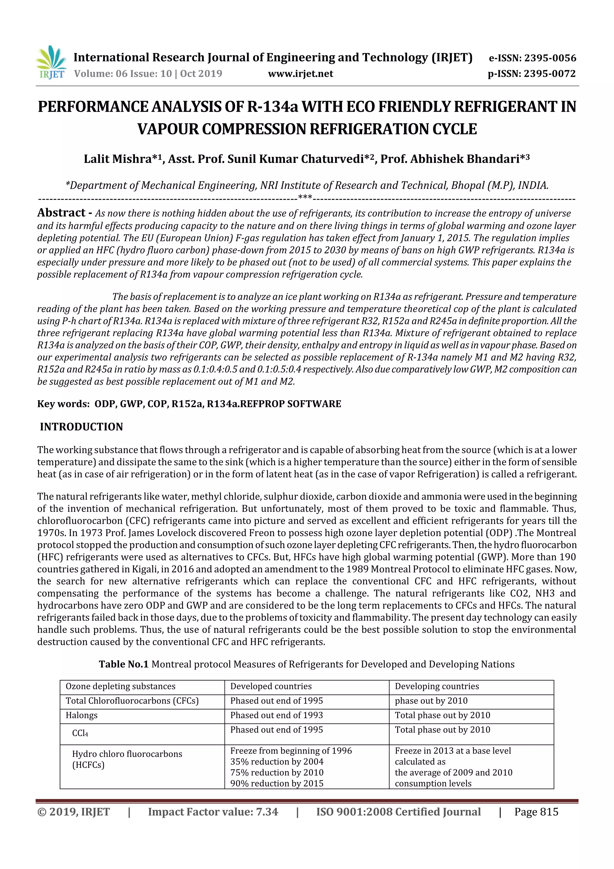 IRJET- Performance Analysis of R-134a with ECO Friendly Refrigerant in ...