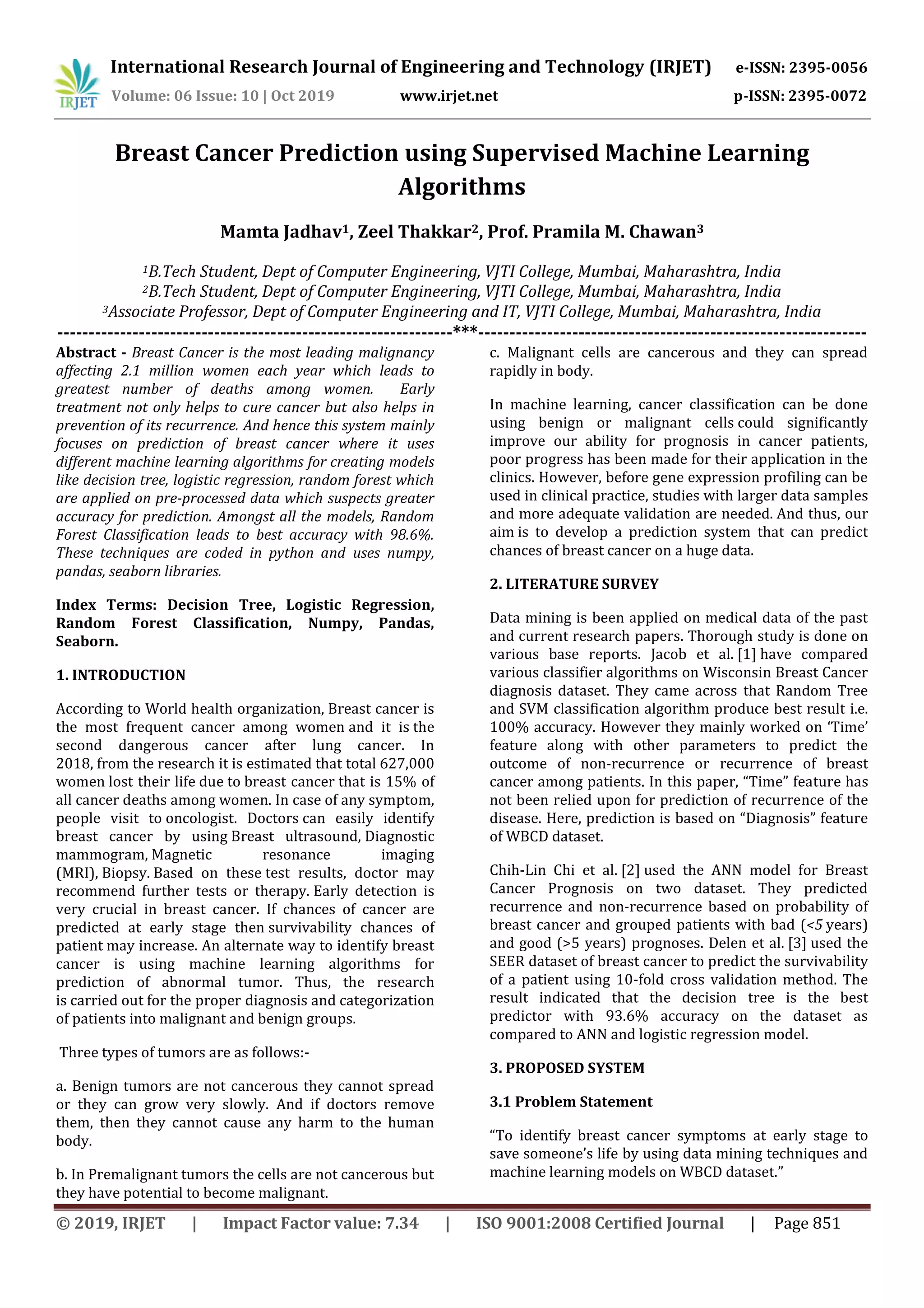 IRJET- Breast Cancer Prediction using Supervised Machine Learning Algorithms | PDF