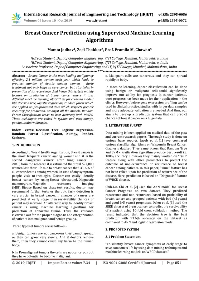 Irjet Breast Cancer Prediction Using Supervised Machine Learning