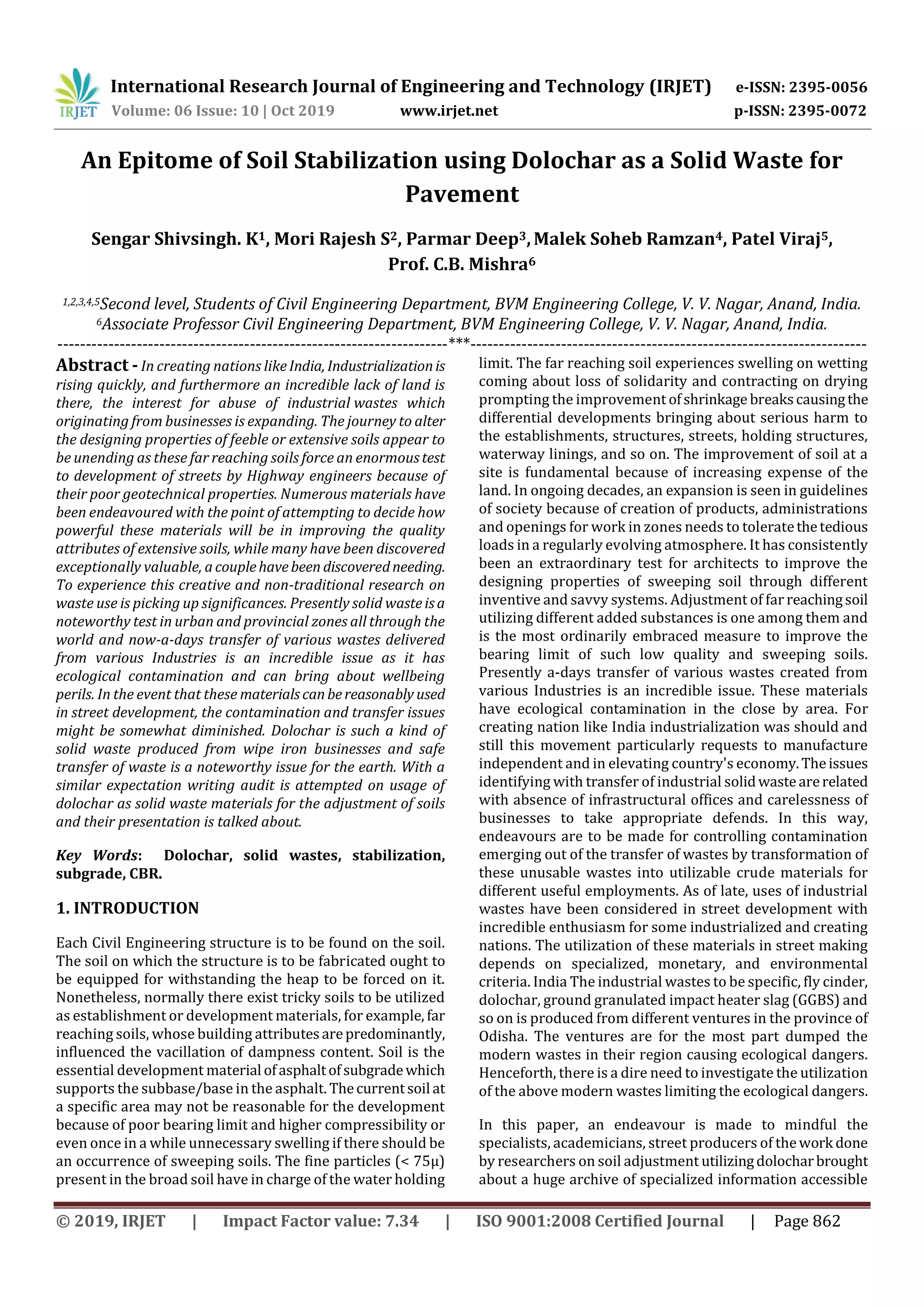 IRJET- An Epitome of Soil Stabilization using Dolochar as a Solid Waste ...