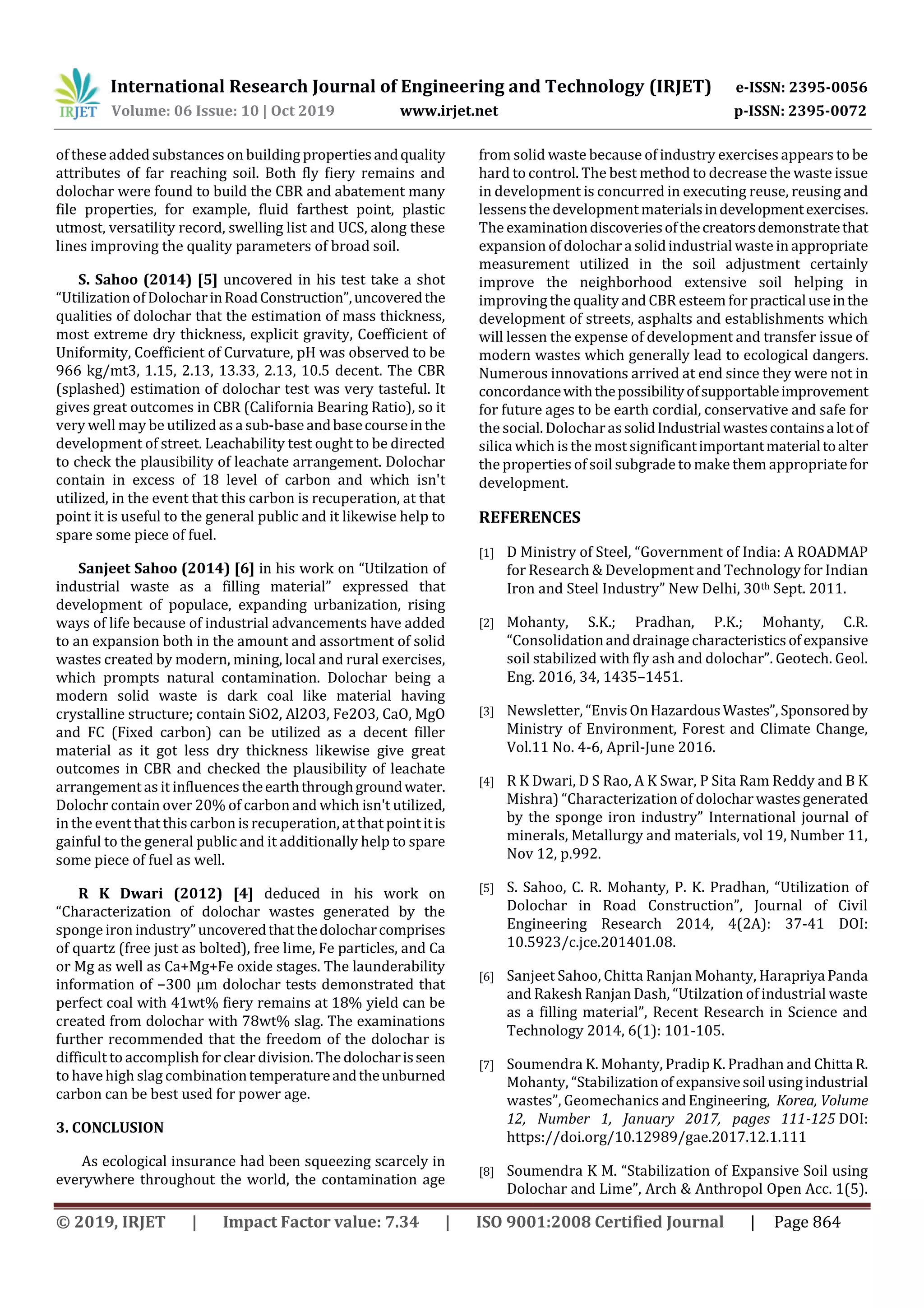 IRJET- An Epitome of Soil Stabilization using Dolochar as a Solid Waste for Pavement | PDF