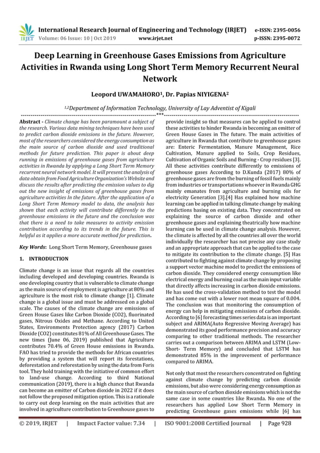 IRJET- Deep Learning in Greenhouse Gases Emissions from Agriculture Activities in Rwanda using ...