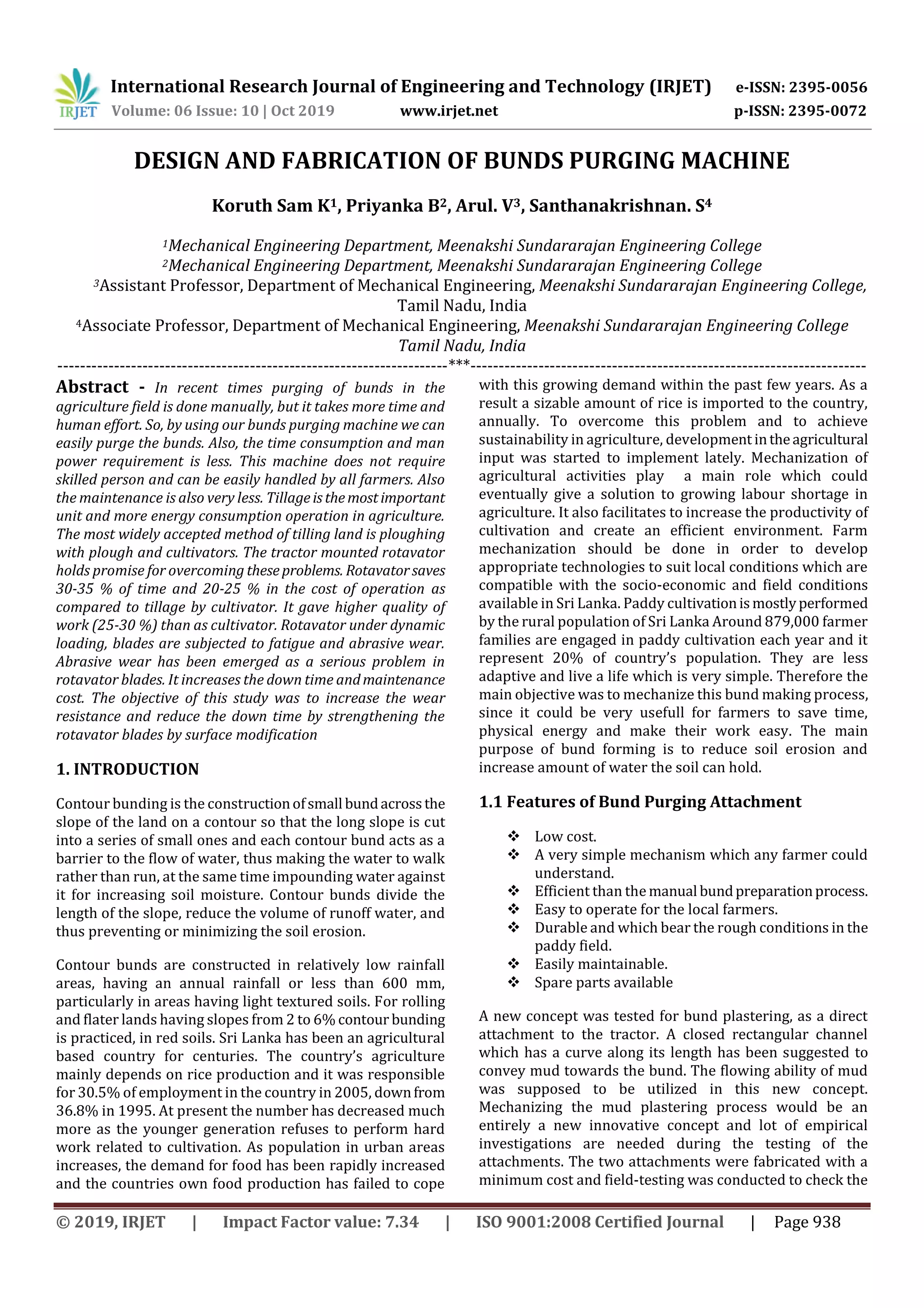 IRJET- Design and Fabrication of Bunds Purging Machine | PDF