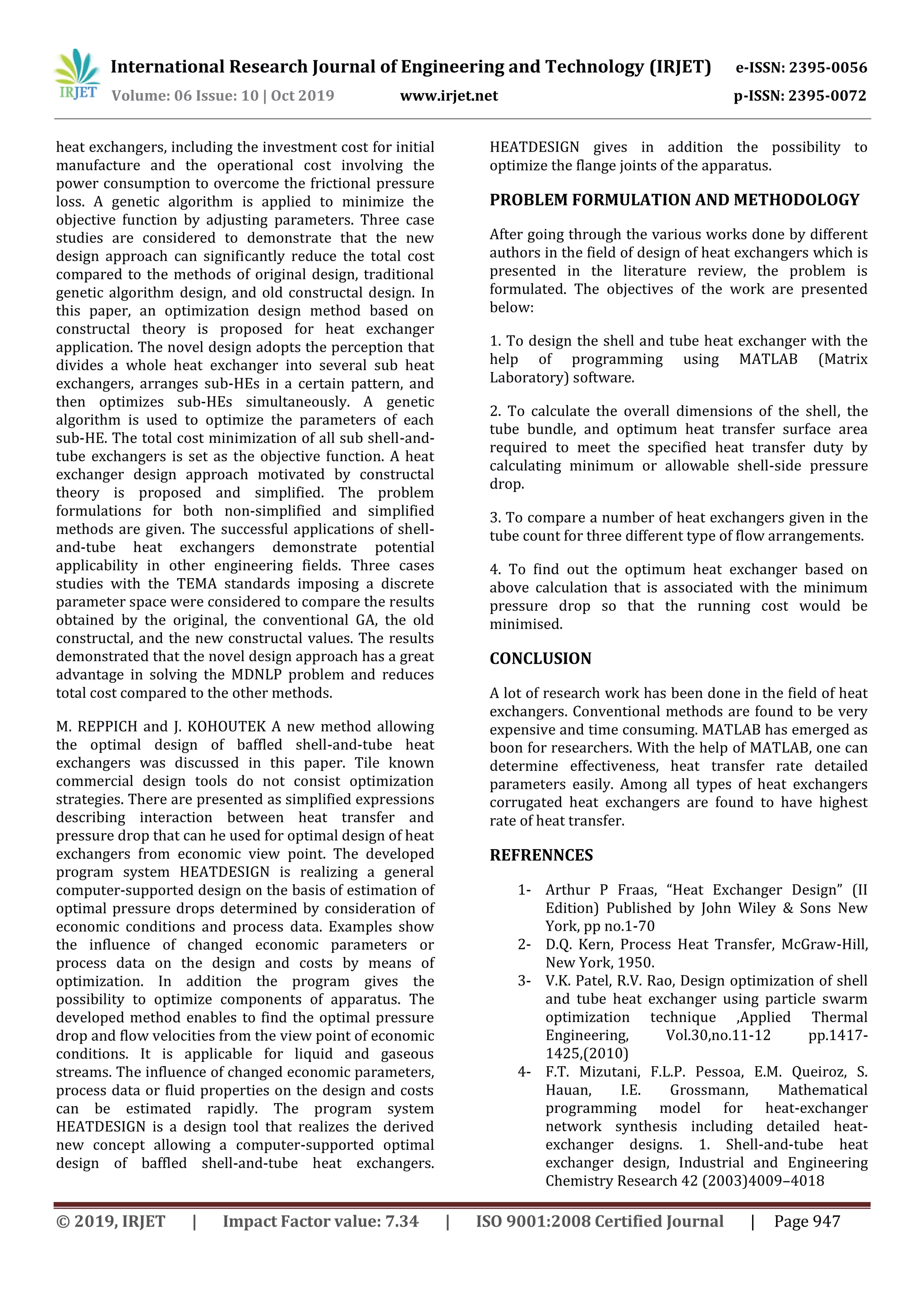 IRJET- Design the Shell and Tube Heat Exchanger with the Help of Programming using Matlab ...