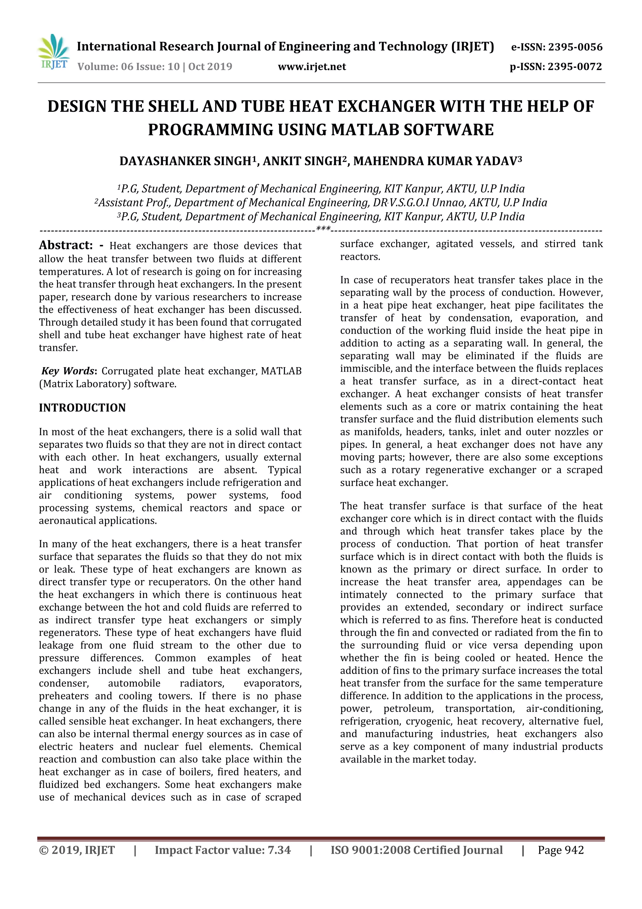 IRJET- Design the Shell and Tube Heat Exchanger with the Help of Programming using Matlab ...