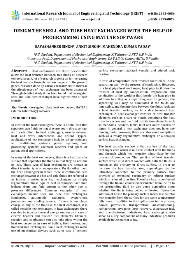 IRJET- Design the Shell and Tube Heat Exchanger with the Help of Programming using Matlab ...