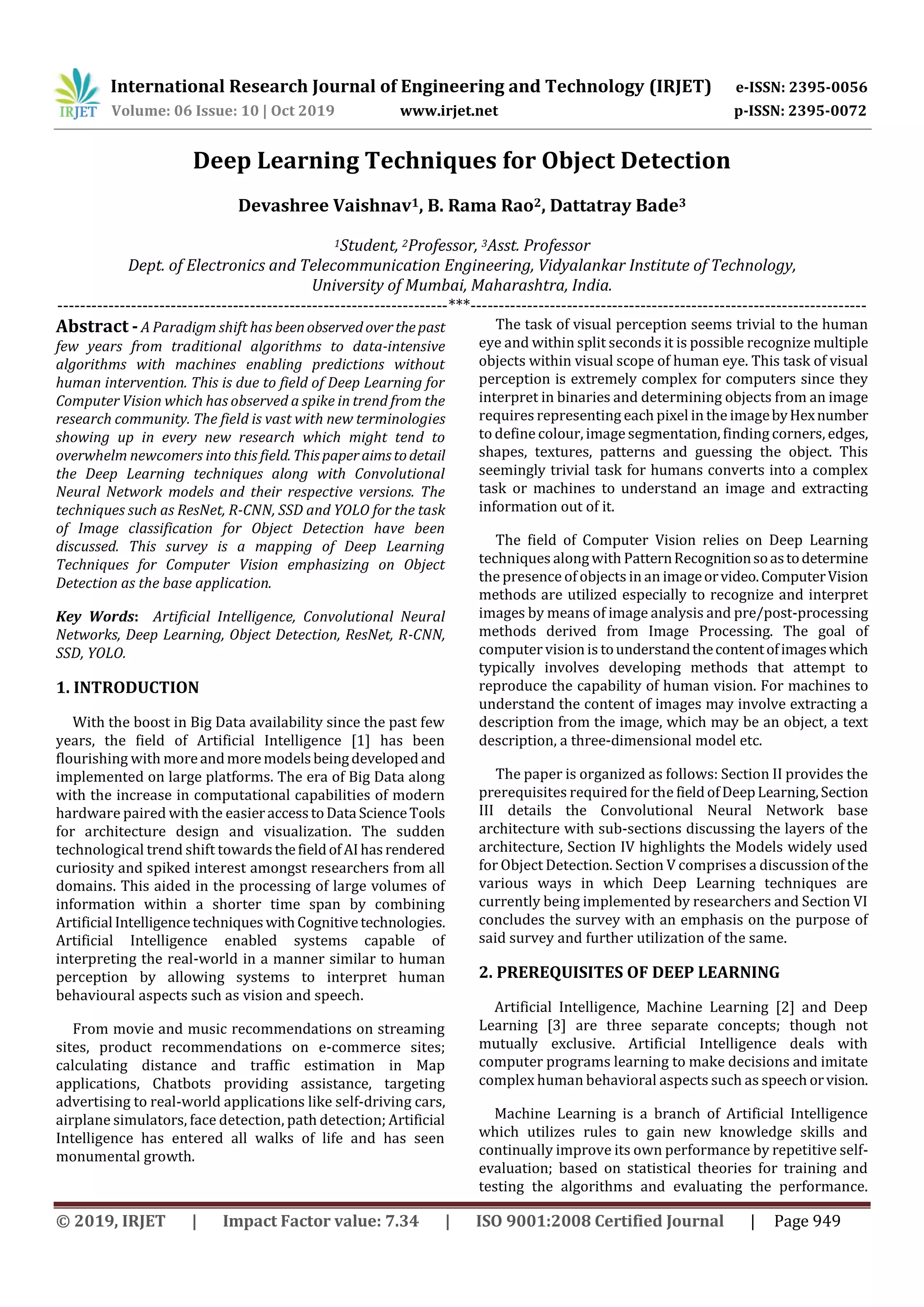 IRJET- Deep Learning Techniques for Object Detection | PDF