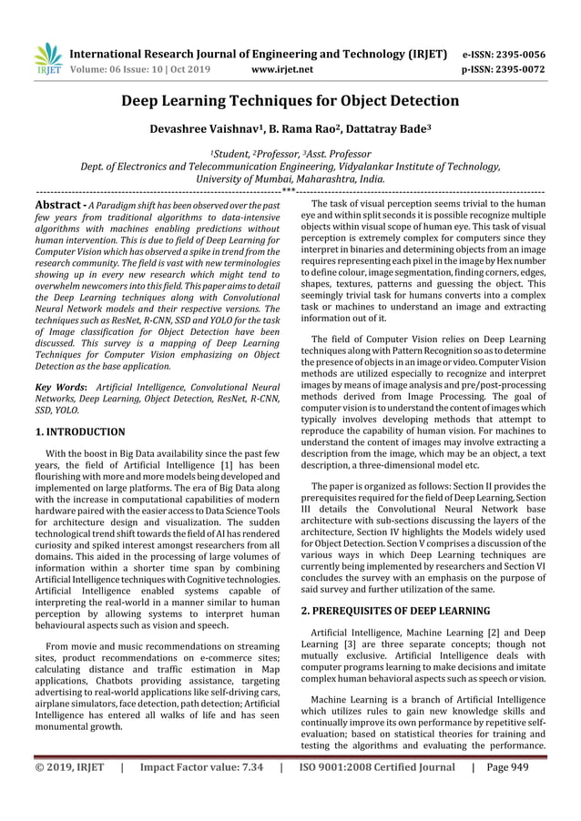 IRJET- Deep Learning Techniques for Object Detection | PDF