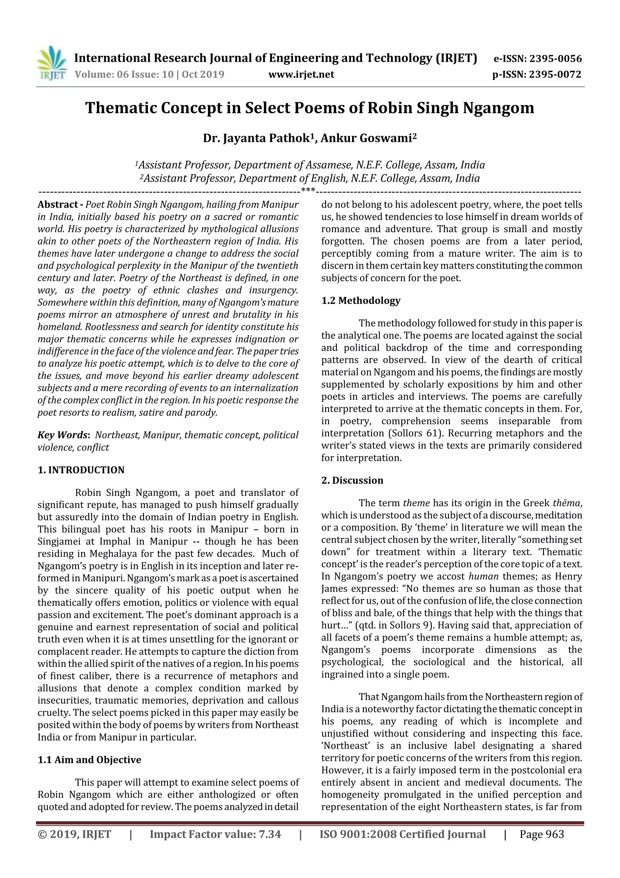 IRJET- Thematic Concept in Select Poems of Robin Singh Ngangom | PDF