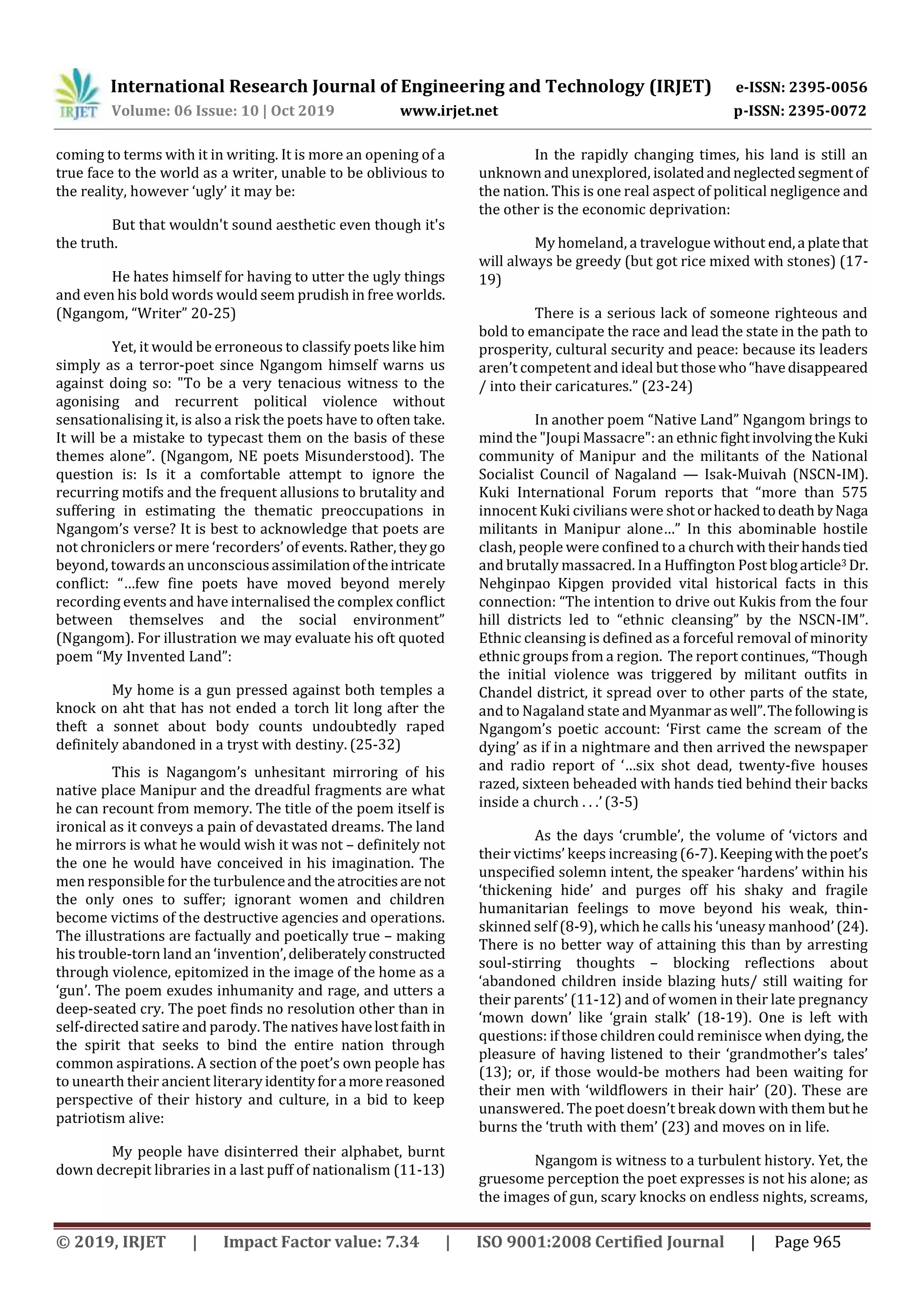 IRJET- Thematic Concept in Select Poems of Robin Singh Ngangom | PDF