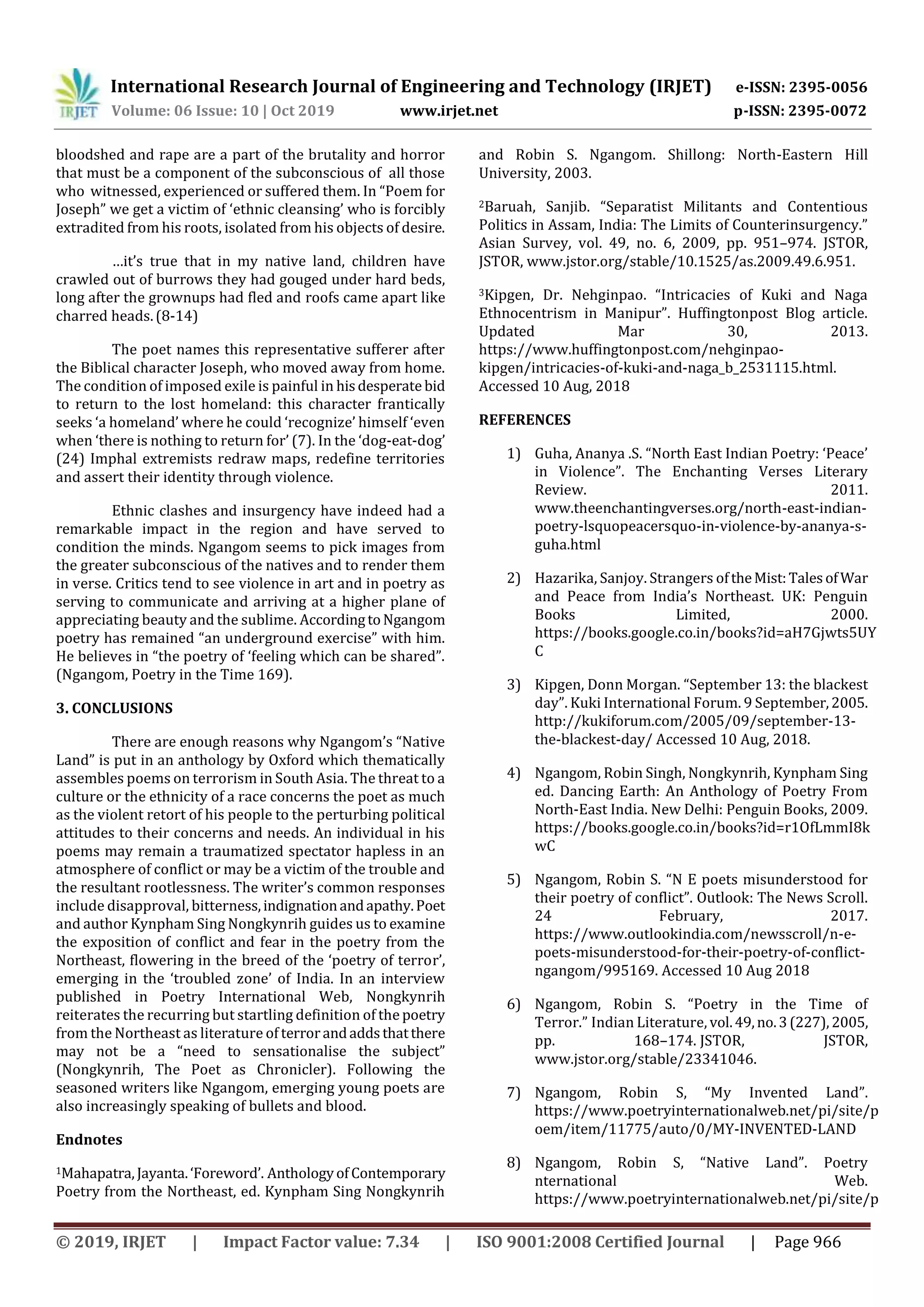 IRJET- Thematic Concept in Select Poems of Robin Singh Ngangom | PDF