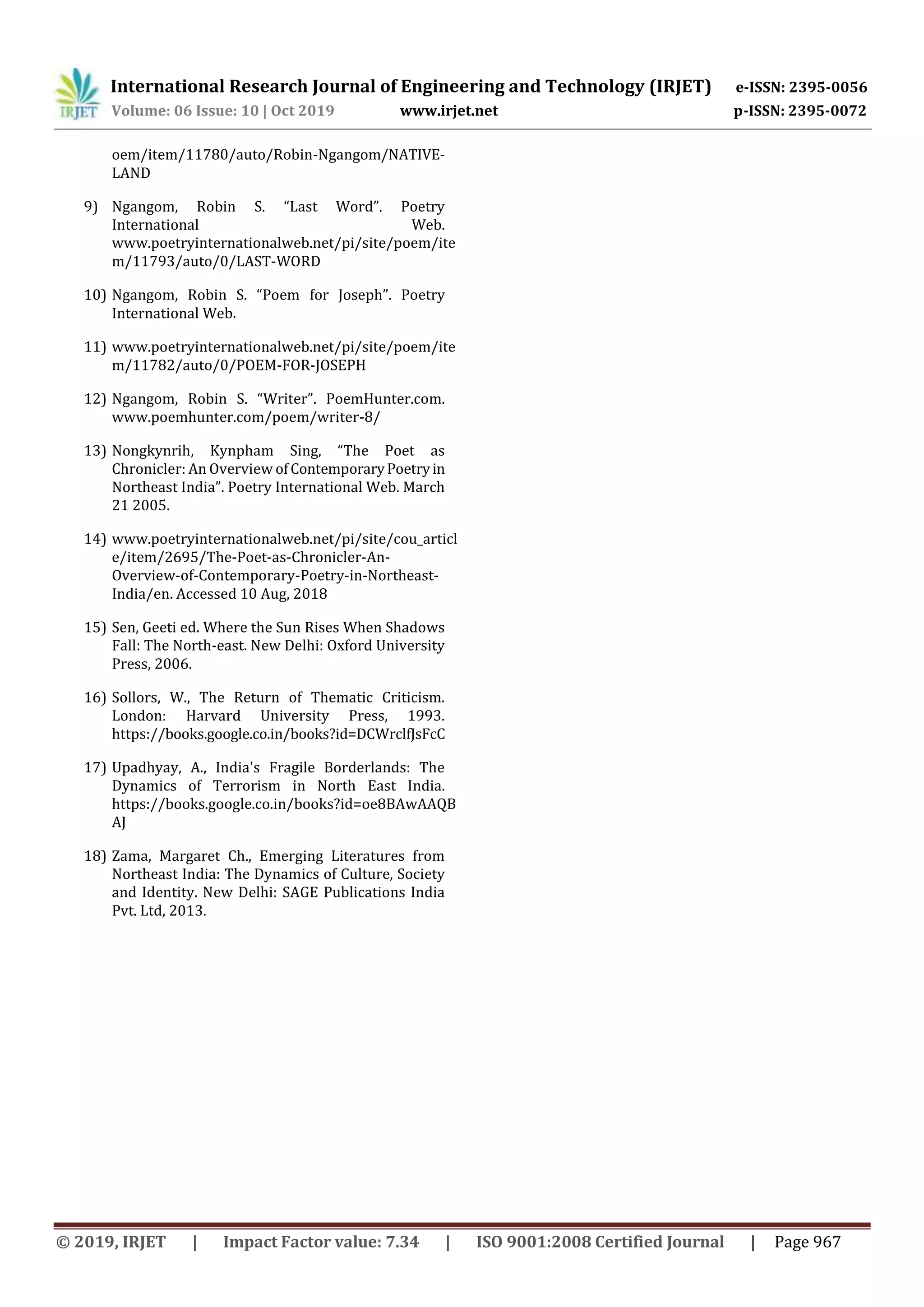 IRJET- Thematic Concept in Select Poems of Robin Singh Ngangom | PDF