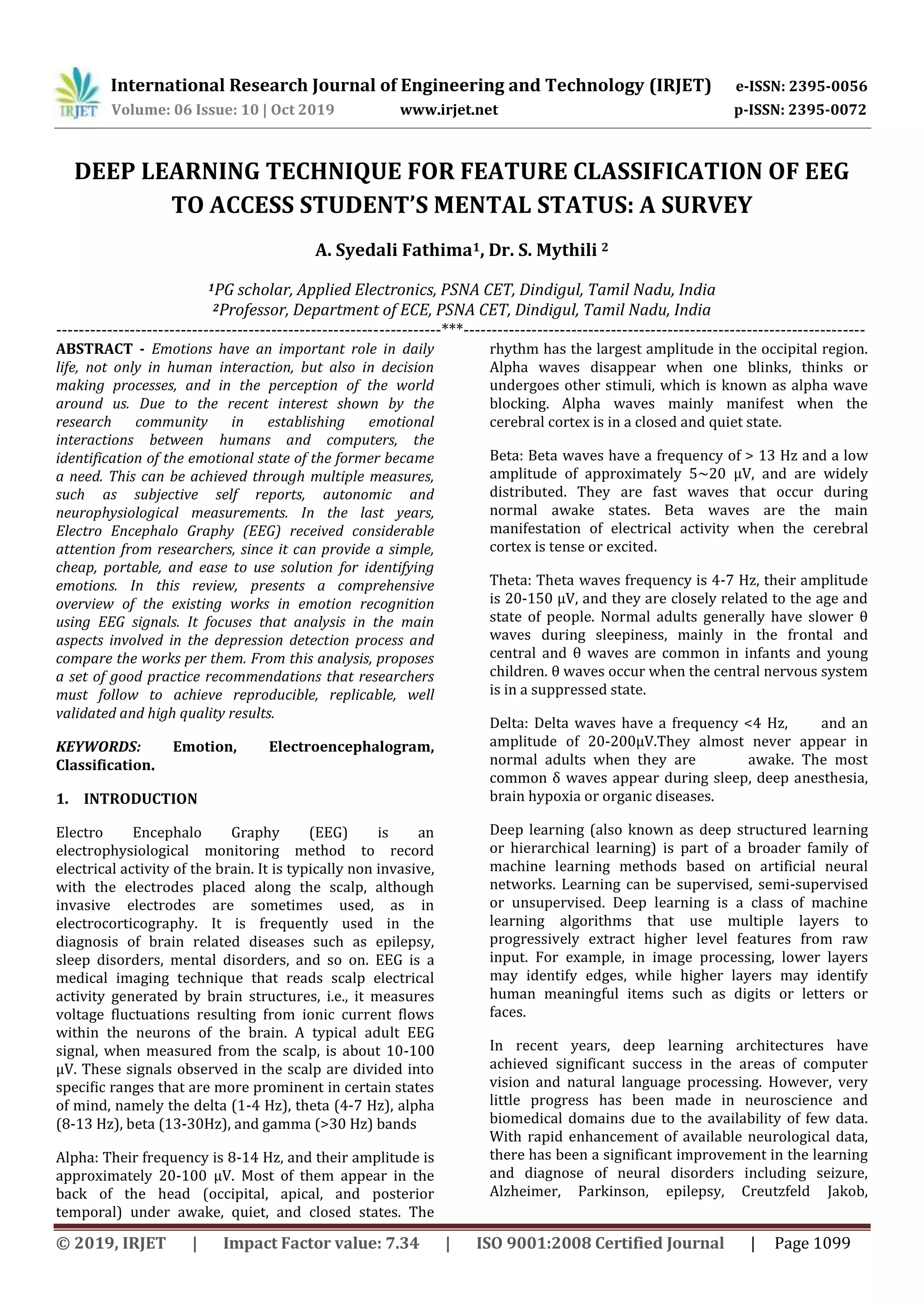 IRJET- Deep Learning Technique for Feature Classification of Eeg to Access Student’s Mental ...
