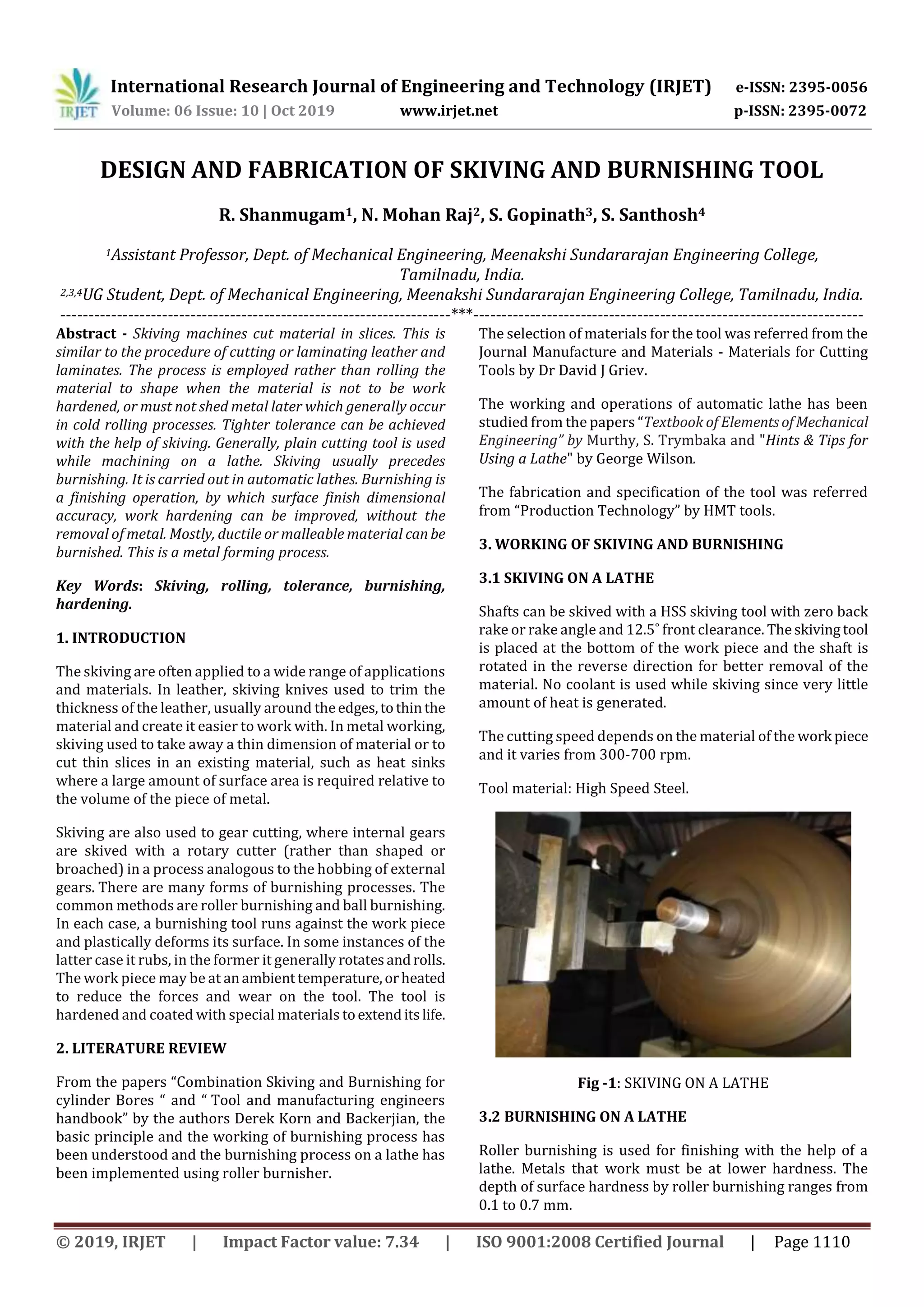 IRJET- Design and Fabrication of Skiving and Burnishing Tool | PDF