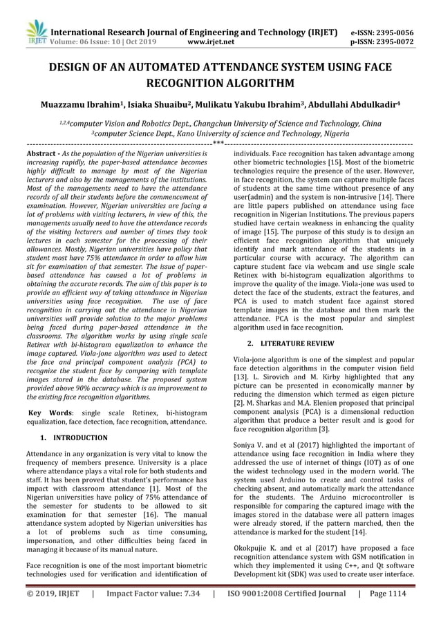 IRJET- Design of an Automated Attendance System using Face Recognition Algorithm | PDF