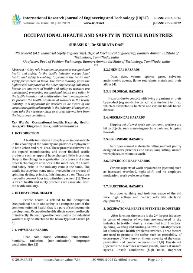IRJET- Occupational Health and Safety in Textile Industries | PDF