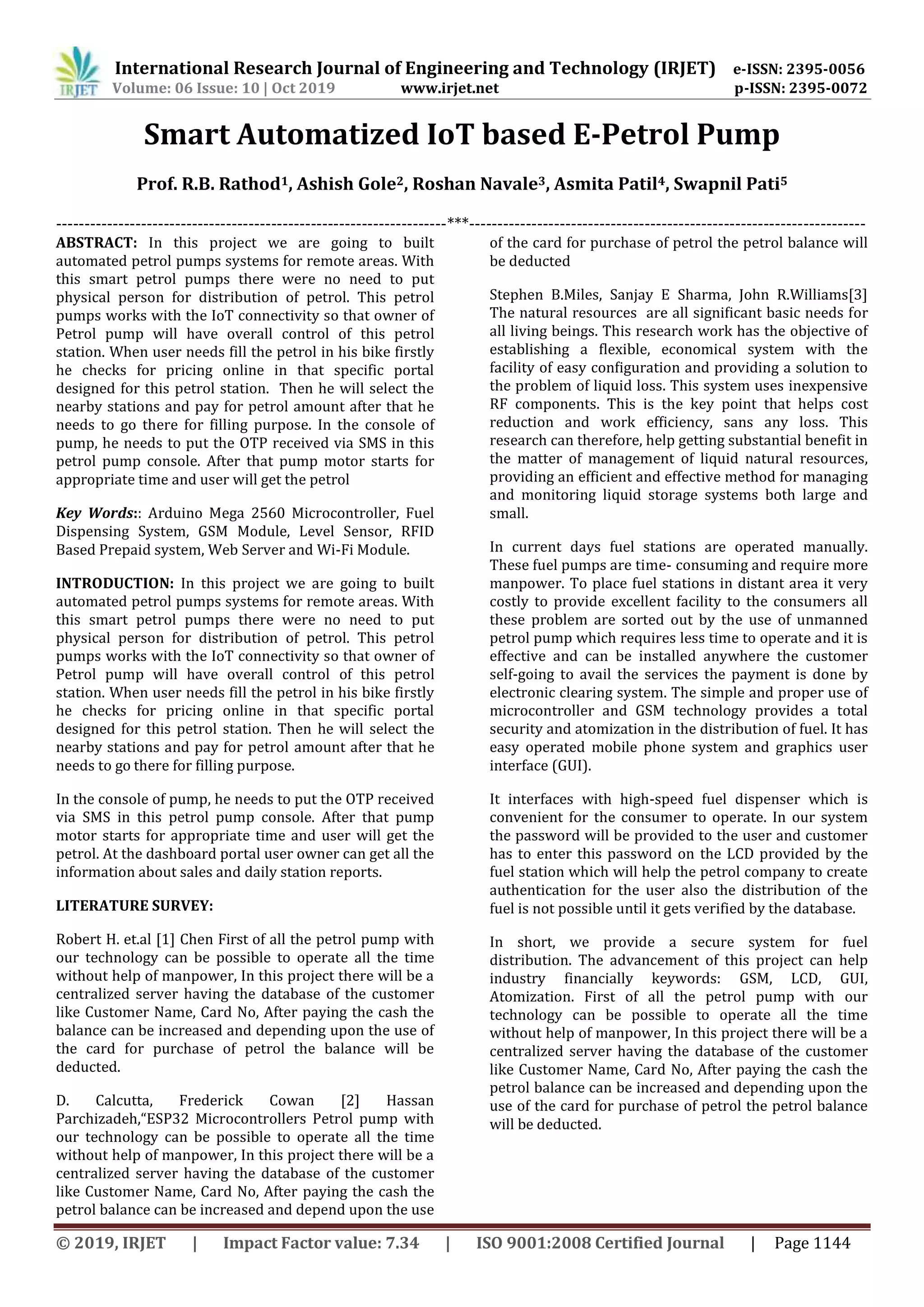 IRJET- Smart Automatized IoT based E-Petrol Pump | PDF