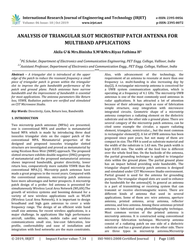Irjet Analysis Of Triangular Slot Microstrip Patch Antenna For