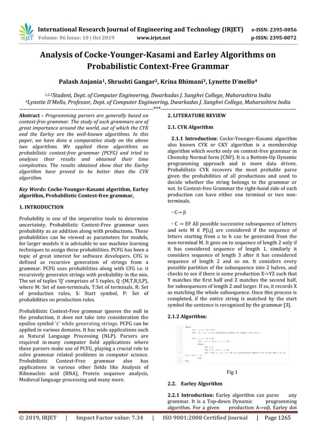 IRJET- Analysis of Cocke-Younger-Kasami and Earley Algorithms on Probabilistic Context-Free ...
