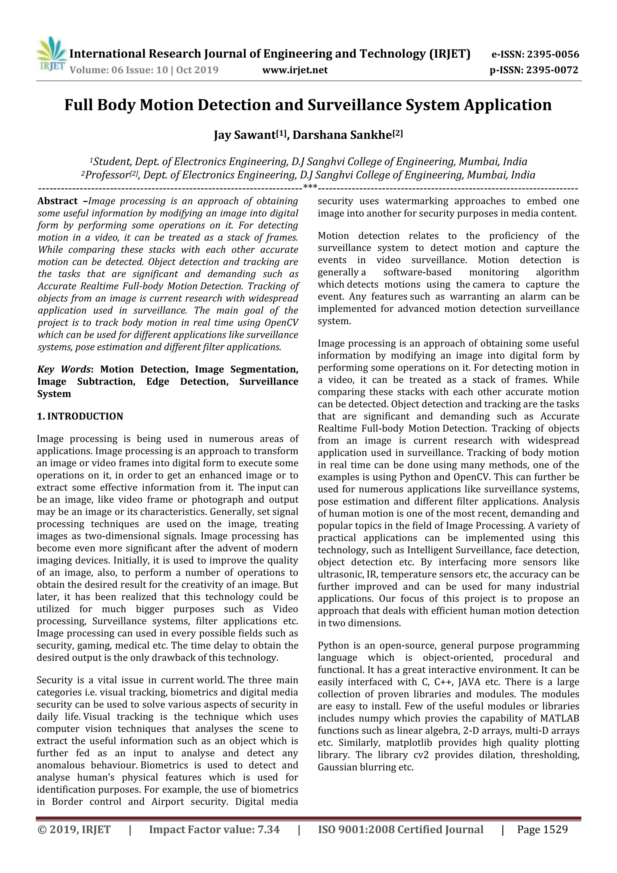 IRJET- Full Body Motion Detection and Surveillance System Application | PDF | Photo Editing ...