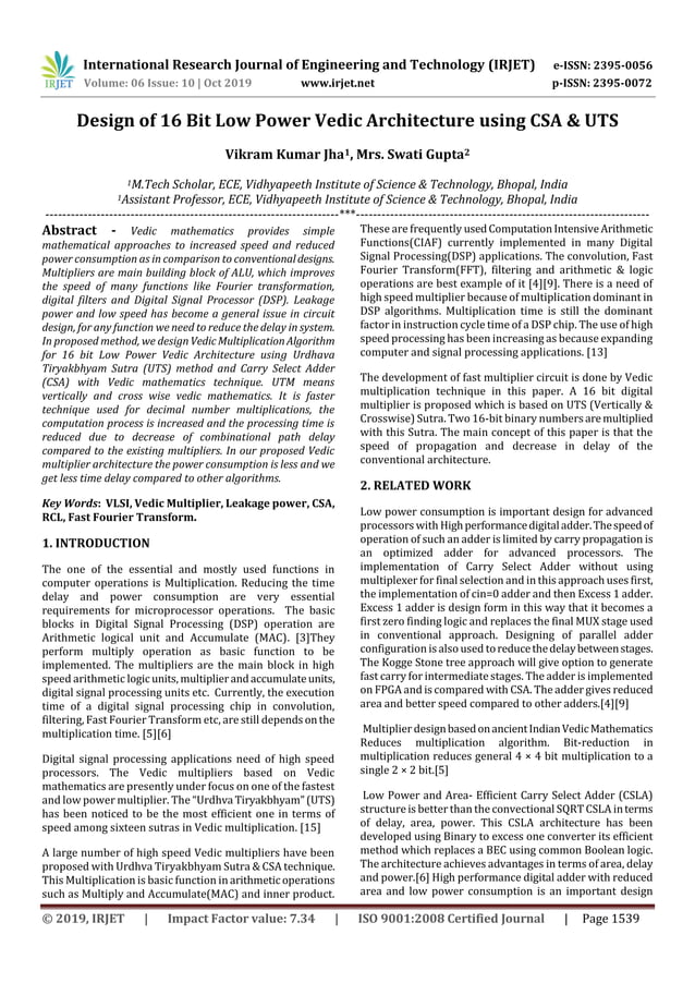 Irjet Design Of 16 Bit Low Power Vedic Architecture Using Csa And Uts Pdf