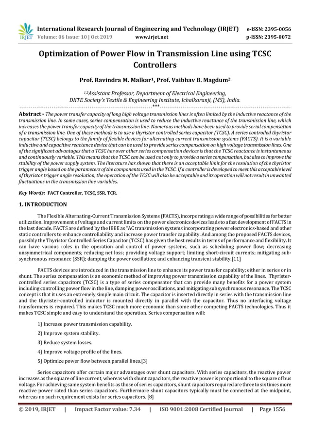 IRJET- Optimization of Power Flow in Transmission Line using TCSC Controllers | PDF