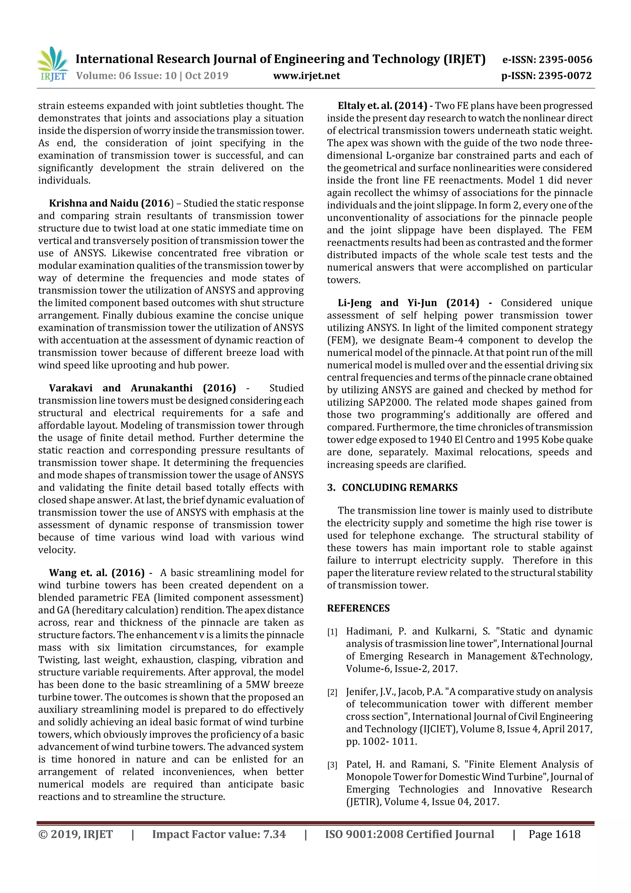 IRJET- Structural Analysis of Transmission Tower: State of Art | PDF