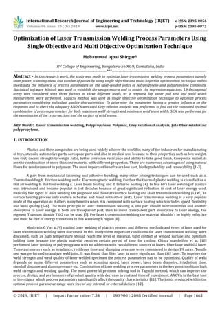 IRJET- Optimization of Laser Transmission Welding Process Parameters using Single Objective and ...