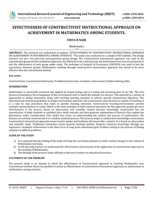 IRJET- Effectiveness of Constructivist Instructional Approach on Achievement in Mathematics ...