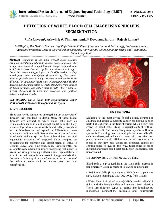 IRJET- Detection of White Blood Cell Image using Nucleus Segmentation | PDF