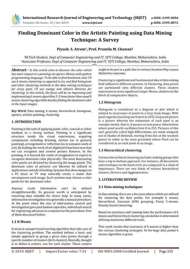 IRJET- Finding Dominant Color in the Artistic Painting using Data Mining Technique: A Survey | PDF