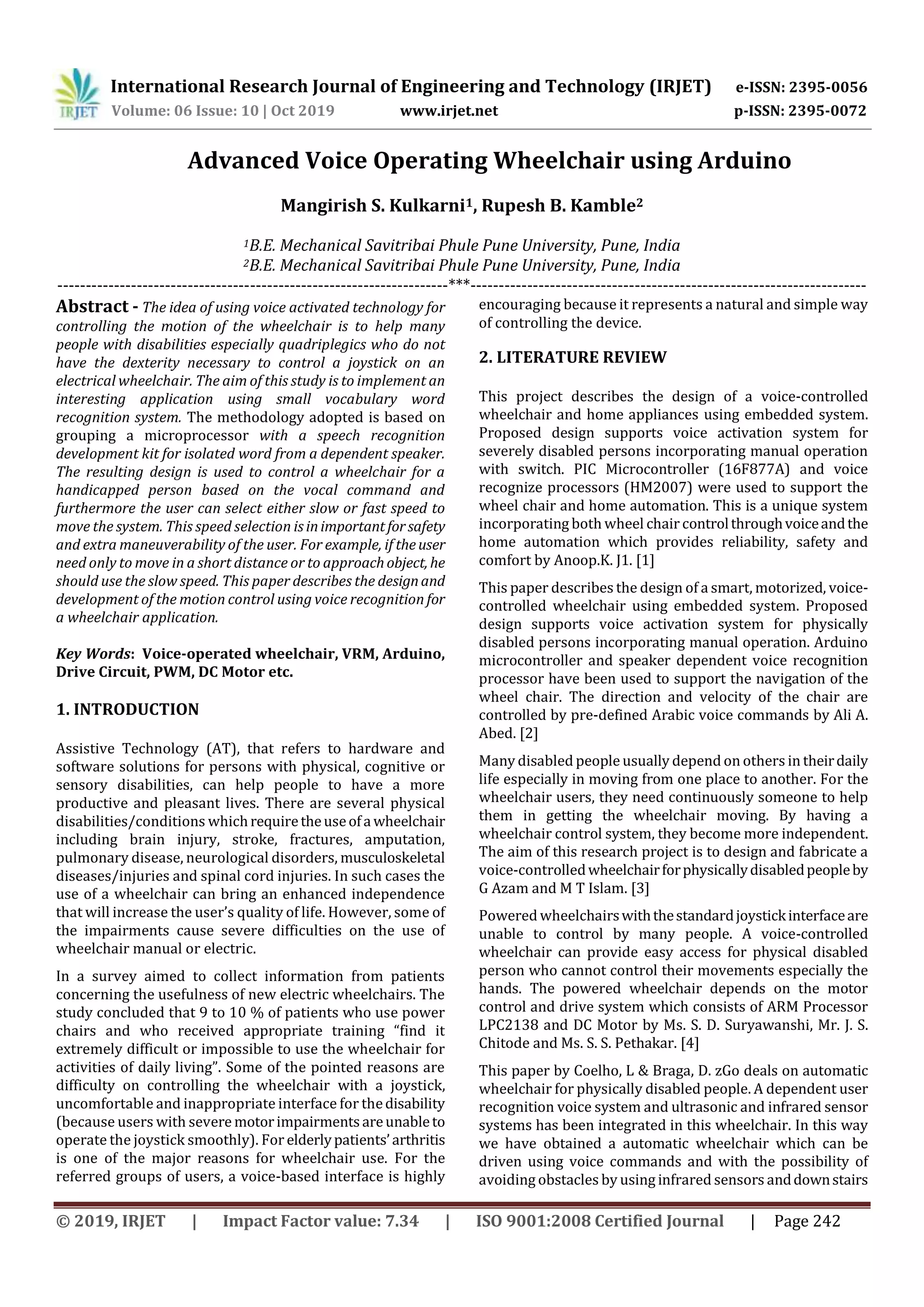 IRJET- Advanced Voice Operating Wheelchair using Arduino | PDF