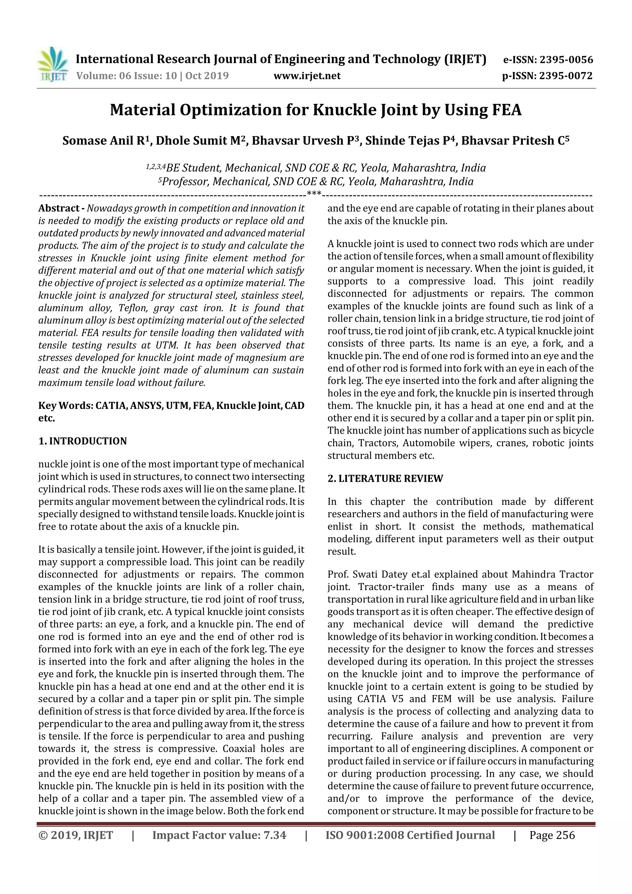 IRJET- Material Optimization for Knuckle Joint by using FEA | PDF