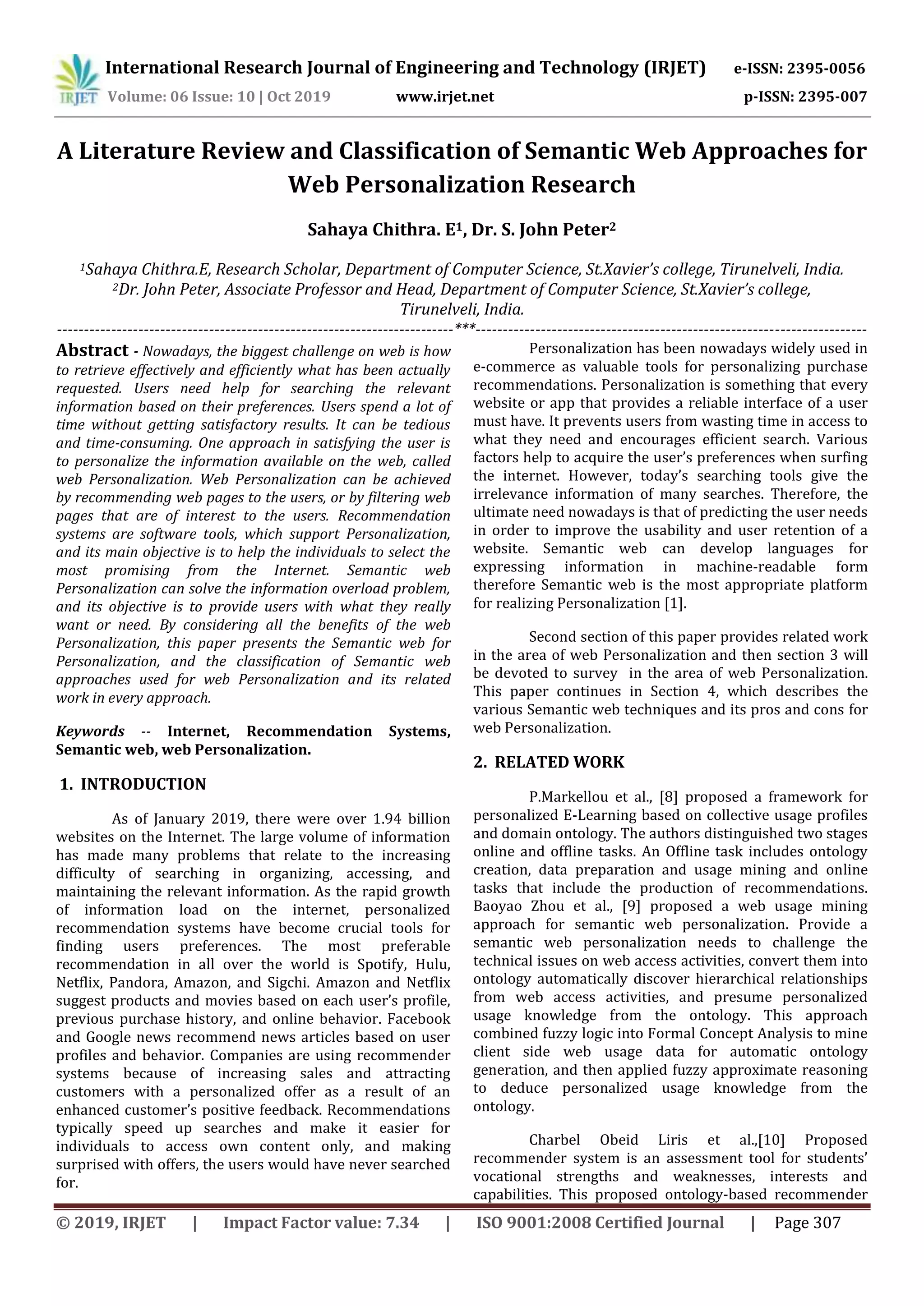 IRJET- A Literature Review and Classification of Semantic Web Approaches for Web Personalization ...