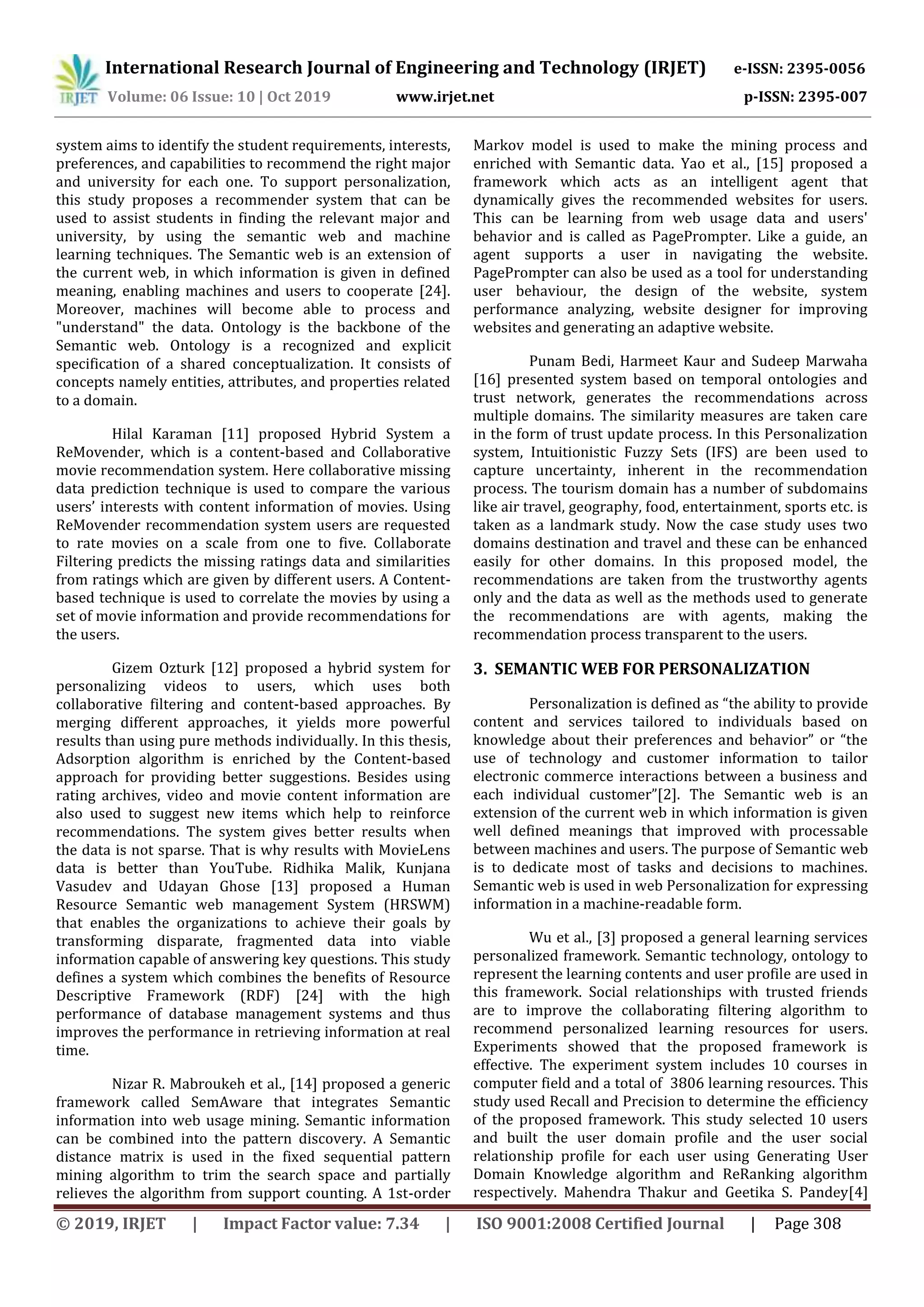 IRJET- A Literature Review and Classification of Semantic Web Approaches for Web Personalization ...