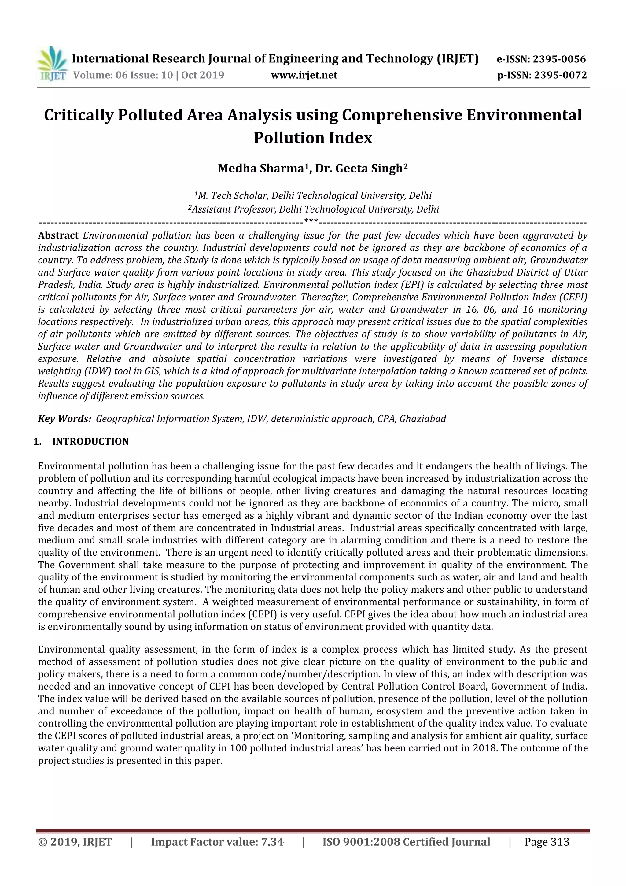 IRJET- Critically Polluted Area Analysis using Comprehensive ...