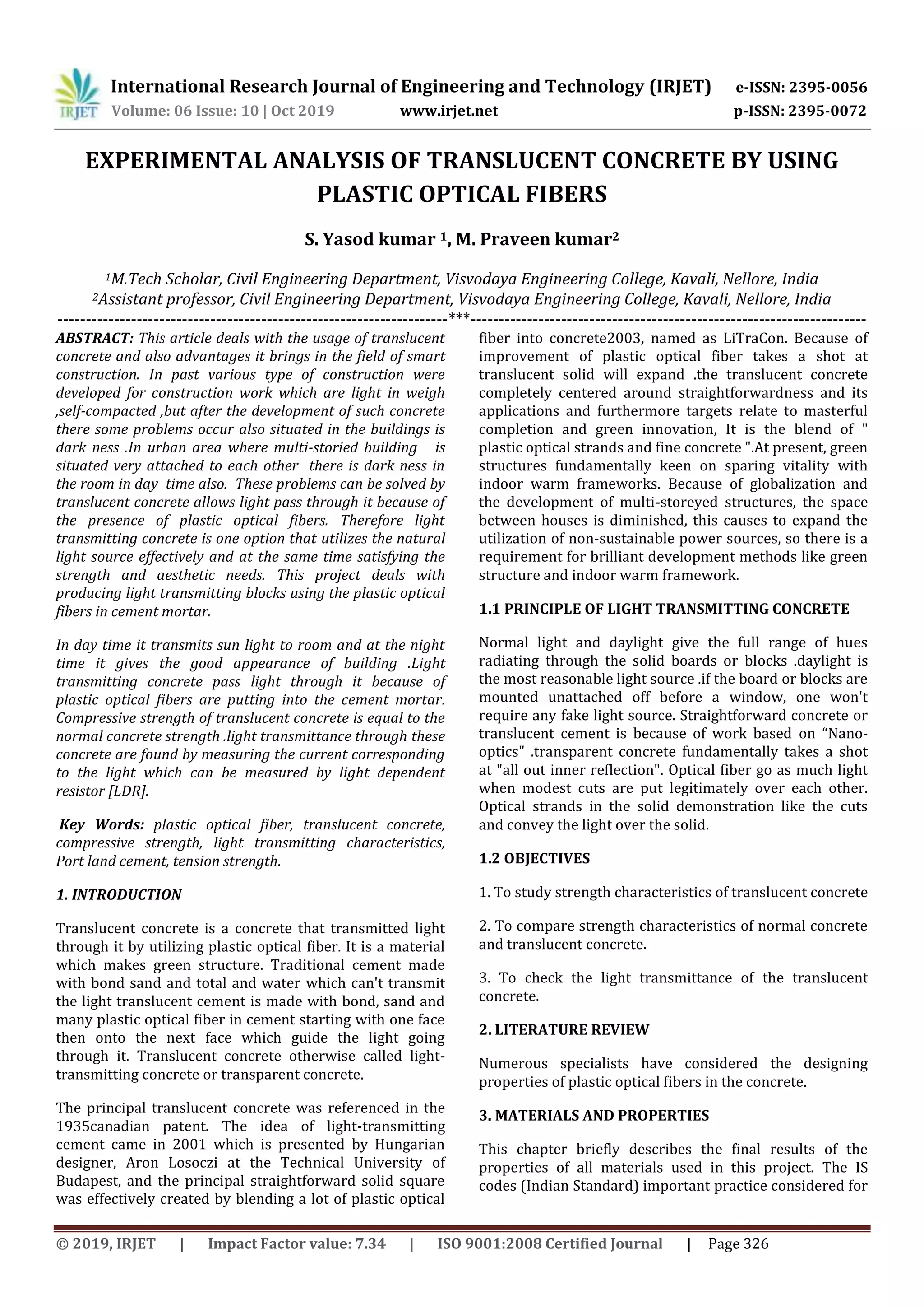 IRJET- Experimental Analysis of Translucent Concrete by using Plastic Optical Fibers | PDF