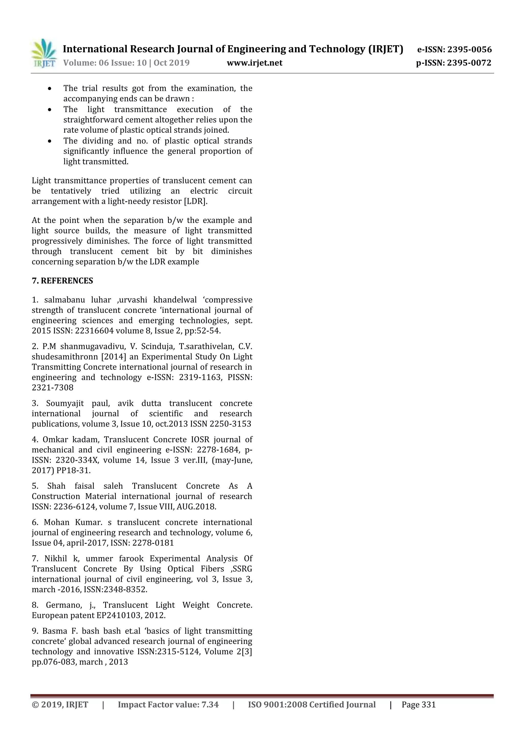 IRJET- Experimental Analysis of Translucent Concrete by using Plastic Optical Fibers | PDF