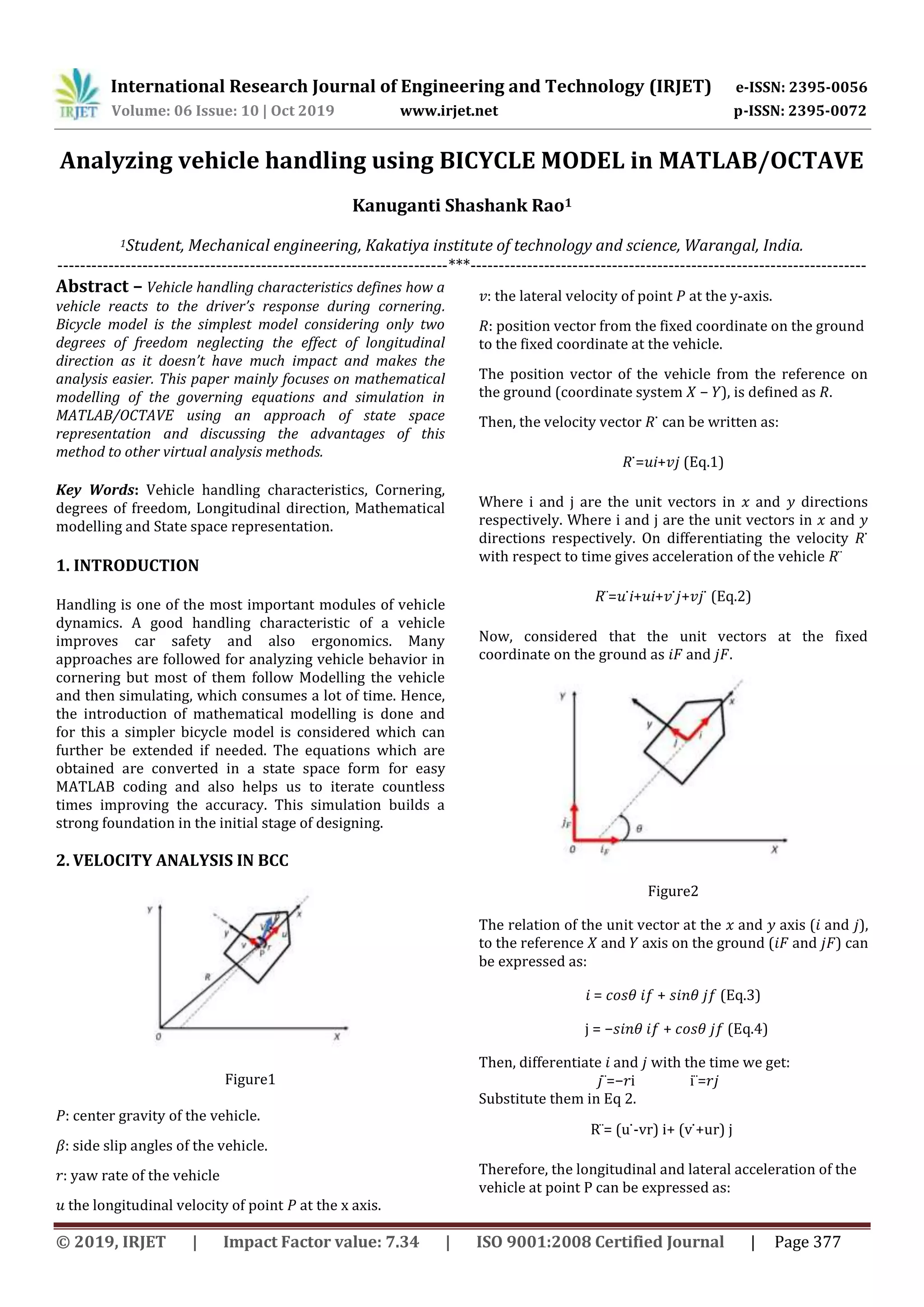 IRJET- Analyzing Vehicle Handling using BICYCLE MODEL in MATLAB/OCTAVE | PDF