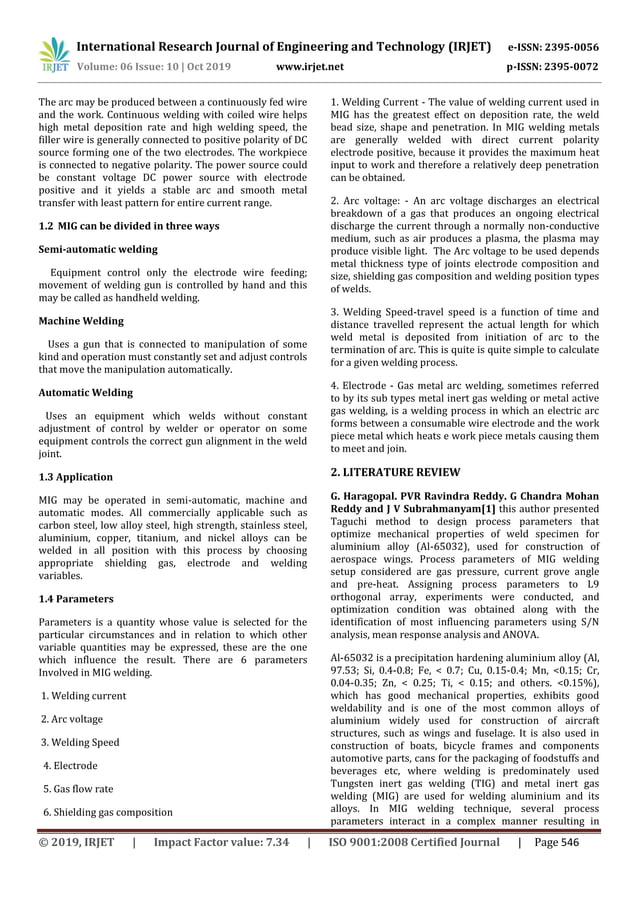 IRJET- A Review on Parametric Optimization of MIG Welding by Taguchi’s Method | PDF
