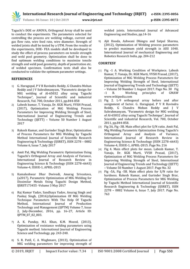 IRJET- A Review on Parametric Optimization of MIG Welding by Taguchi’s Method | PDF