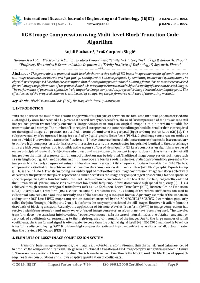 IRJET- RGB Image Compression using Multi-Level Block Trunction Code Algorithm | PDF