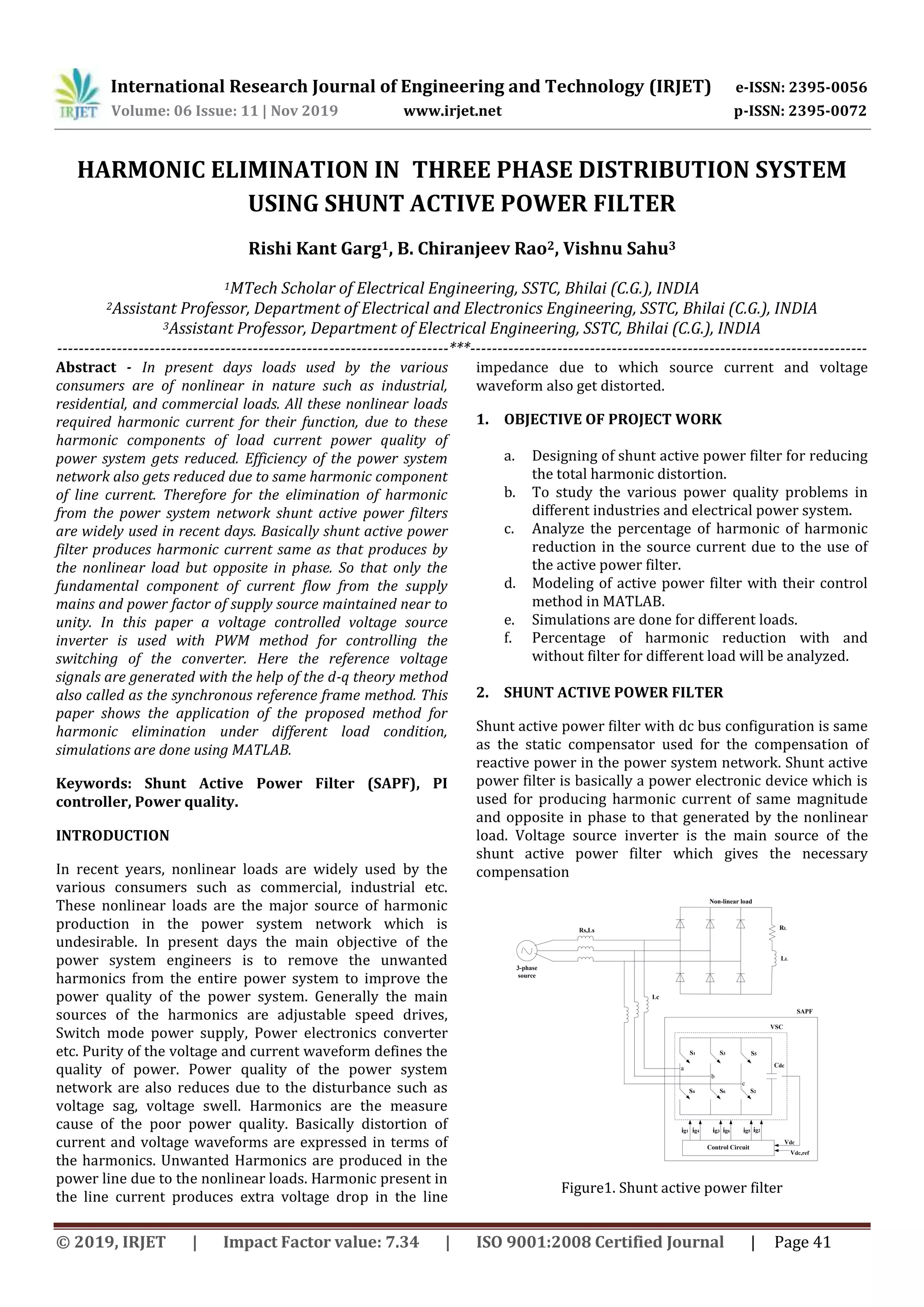 IRJET- Harmonic Elimination in Three Phase Distribution System using Shunt Active Power Filter | PDF
